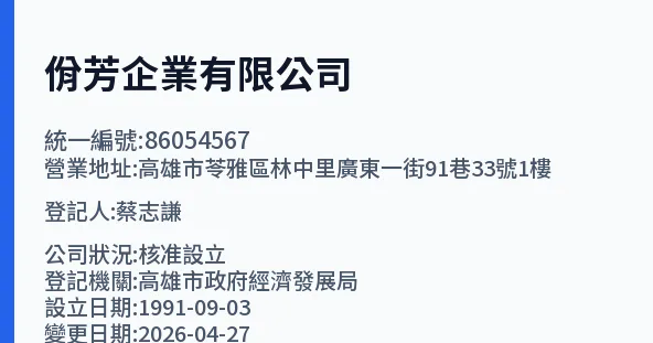 佾芳企業有限公司的照片-統編 86054567(高雄市) 公司登記資料與營業項目詳細圖表