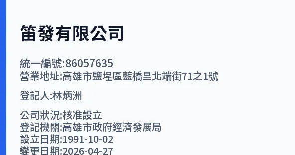 笛發有限公司的照片-統編 86057635(高雄市) 公司登記資料與營業項目詳細圖表
