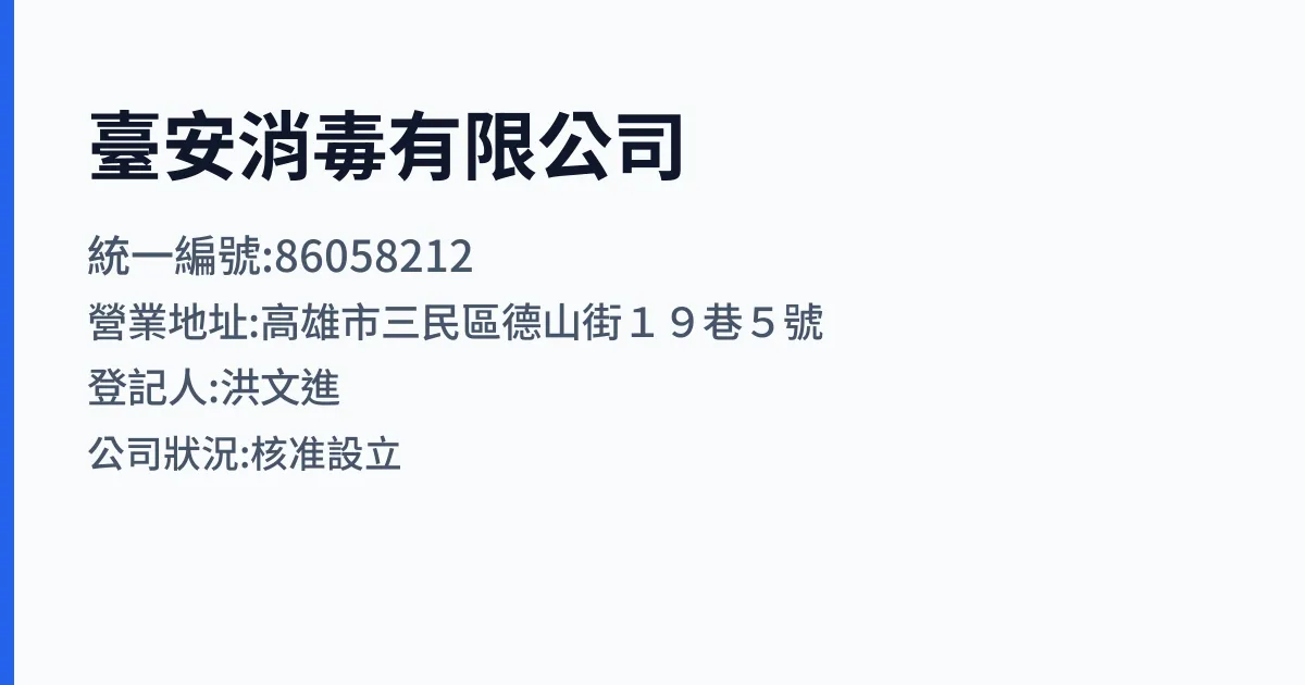 臺安消毒有限公司 - 統編 86058212(高雄市) 公司登記資料與營業項目詳細圖表
