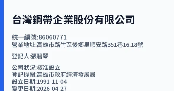 台灣鋼帶企業股份有限公司的照片-統編 86060771(高雄市) 公司登記資料與營業項目詳細圖表