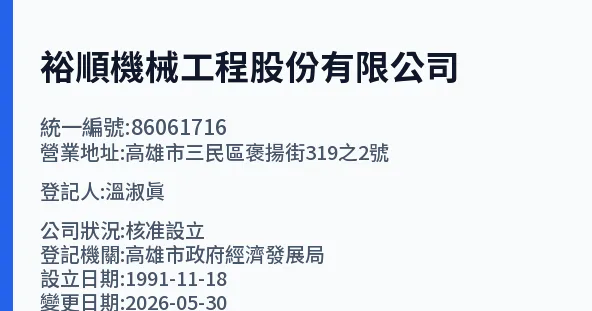 裕順機械工程股份有限公司的照片-統編 86061716(高雄市) 公司登記資料與營業項目詳細圖表
