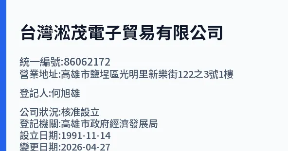 台灣淞茂電子貿易有限公司的照片-統編 86062172(高雄市) 公司登記資料與營業項目詳細圖表