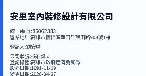 安里室內裝修設計有限公司的照片-統編 86062383(高雄市) 公司登記資料與營業項目詳細圖表