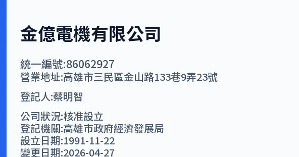金億電機有限公司的照片-統編 86062927(高雄市) 公司登記資料與營業項目詳細圖表