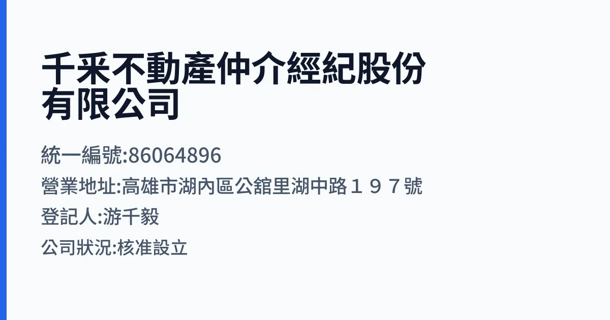 千釆不動產仲介經紀股份有限公司 - 統編 86064896(高雄市) 公司登記資料與營業項目詳細圖表