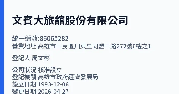 文賓大旅舘股份有限公司的照片-統編 86065282(高雄市) 公司登記資料與營業項目詳細圖表