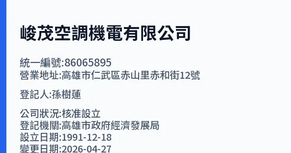 峻茂空調機電有限公司的照片-統編 86065895(高雄市) 公司登記資料與營業項目詳細圖表