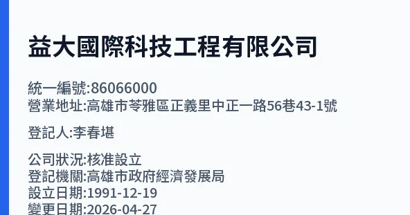 益大國際科技工程有限公司的照片-統編 86066000(高雄市) 公司登記資料與營業項目詳細圖表