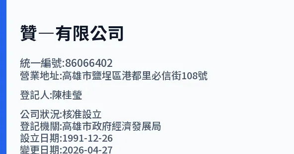 贊―有限公司的照片-統編 86066402(高雄市) 公司登記資料與營業項目詳細圖表