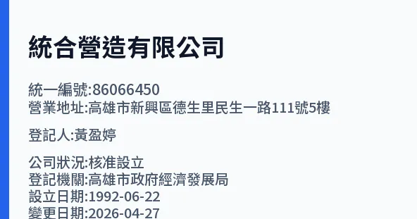 統合營造有限公司的照片-統編 86066450(高雄市) 公司登記資料與營業項目詳細圖表