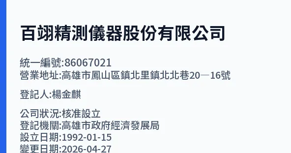 百翊精測儀器股份有限公司的照片-統編 86067021(高雄市) 公司登記資料與營業項目詳細圖表