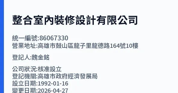 整合室內裝修設計有限公司的照片-統編 86067330(高雄市) 公司登記資料與營業項目詳細圖表