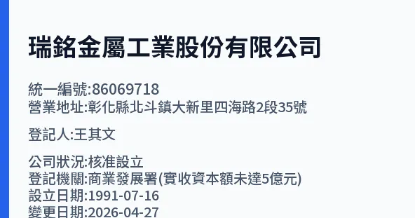 瑞銘金屬工業股份有限公司的照片-統編 86069718(彰化縣) 公司登記資料與營業項目詳細圖表
