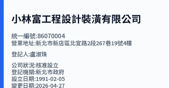 小林富工程設計裝潢有限公司的照片-統編 86070004(新北市) 公司登記資料與營業項目詳細圖表