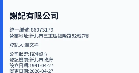 謝記有限公司的照片-統編 86073179(新北市) 公司登記資料與營業項目詳細圖表