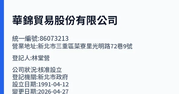 華錦貿易股份有限公司的照片-統編 86073213(新北市) 公司登記資料與營業項目詳細圖表