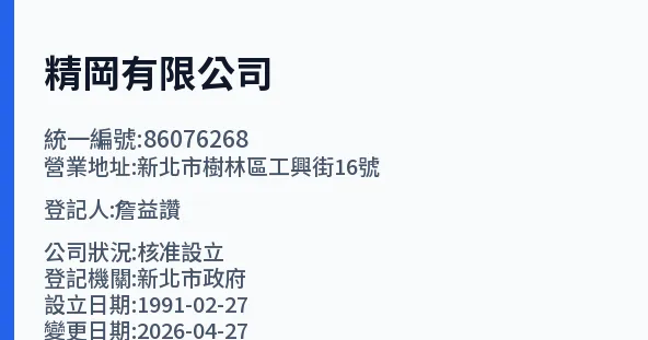 精岡有限公司的照片-統編 86076268(新北市) 公司登記資料與營業項目詳細圖表