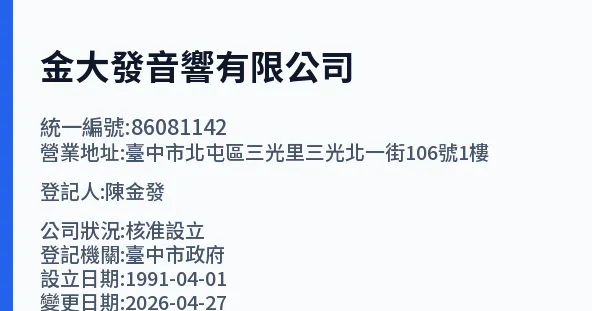 金大發音響有限公司的照片-統編 86081142(臺中市) 公司登記資料與營業項目詳細圖表