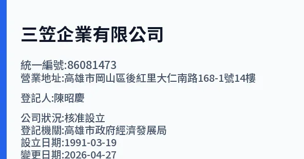 三笠企業有限公司的照片-統編 86081473(高雄市) 公司登記資料與營業項目詳細圖表