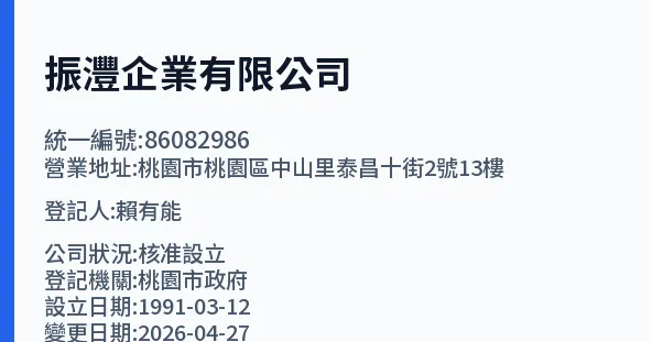 振灃企業有限公司的照片-統編 86082986(桃園市) 公司登記資料與營業項目詳細圖表