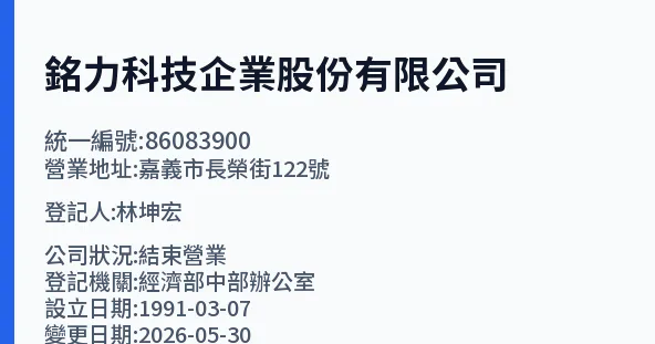 銘力科技企業股份有限公司的照片-統編 86083900(嘉義市) 公司登記資料與營業項目詳細圖表