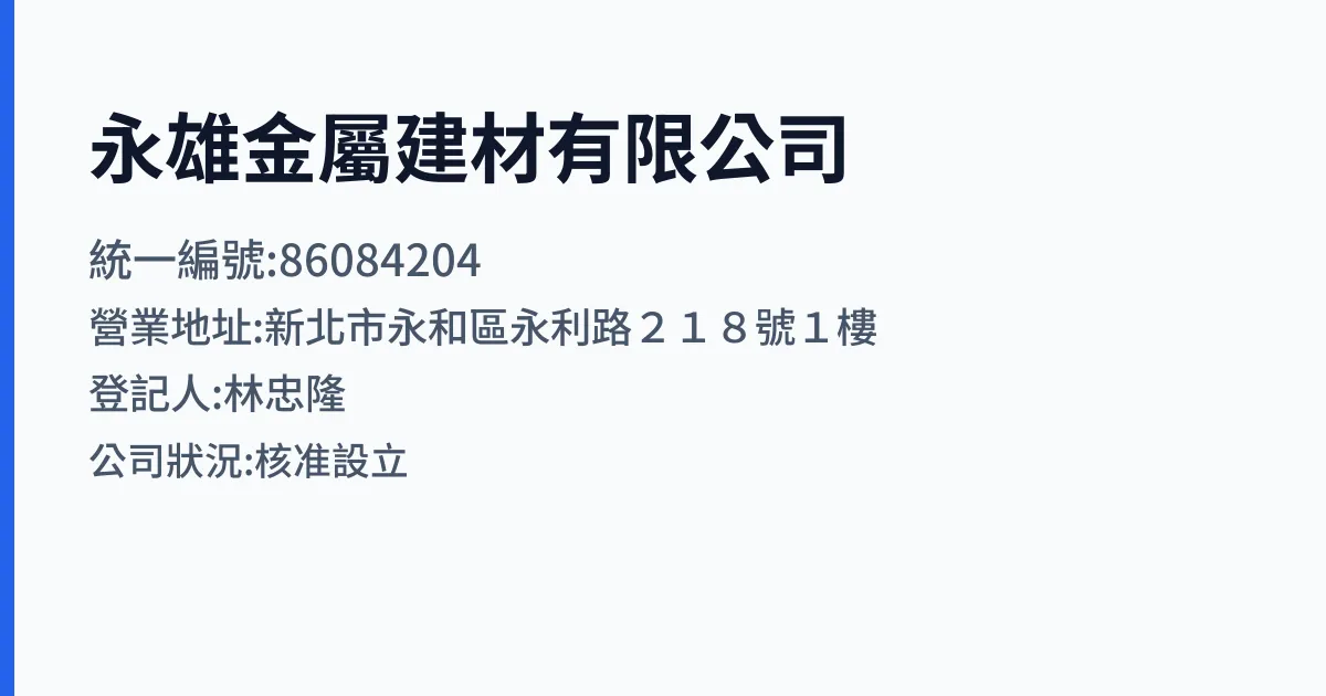 永雄金屬建材有限公司 - 統編 86084204(新北市) 公司登記資料與營業項目詳細圖表