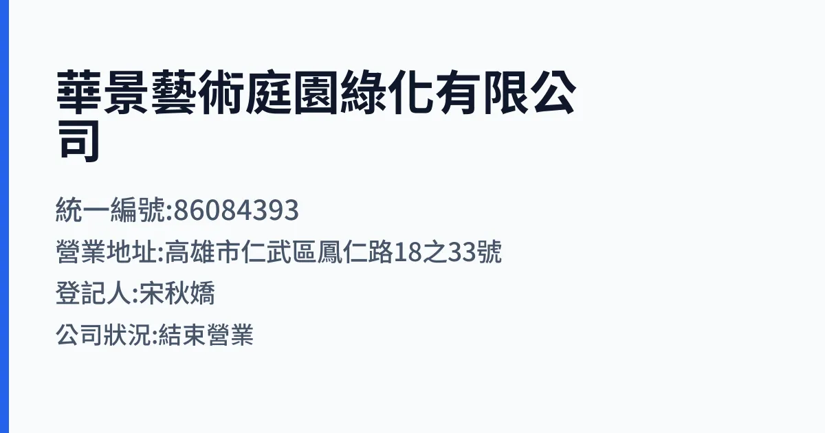 華景藝術庭園綠化有限公司 - 統編 86084393(高雄市) 公司登記資料與營業項目詳細圖表