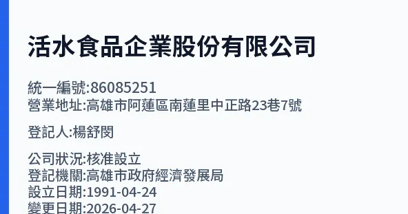 活水食品企業股份有限公司的照片-統編 86085251(高雄市) 公司登記資料與營業項目詳細圖表