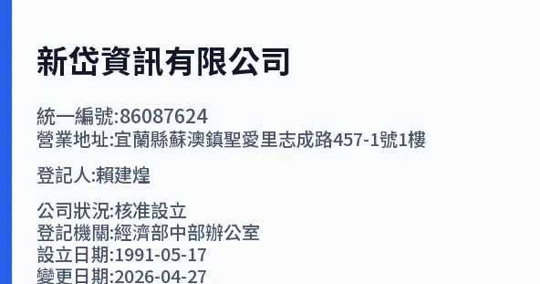 新岱資訊有限公司的照片-統編 86087624(宜蘭縣) 公司登記資料與營業項目詳細圖表