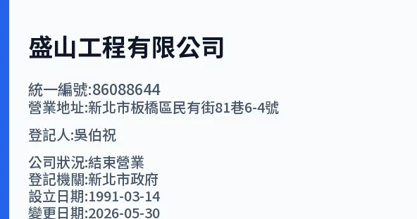 盛山工程有限公司的照片-統編 86088644(新北市) 公司登記資料與營業項目詳細圖表