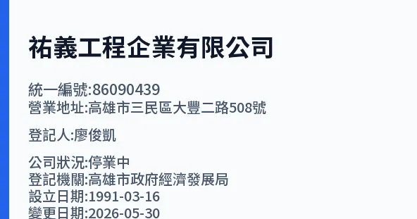 祐義工程企業有限公司的照片-統編 86090439(高雄市) 公司登記資料與營業項目詳細圖表