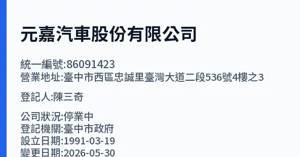 元嘉汽車股份有限公司的照片-統編 86091423(臺中市) 公司登記資料與營業項目詳細圖表