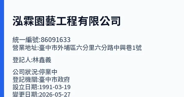 泓霖園藝工程有限公司的照片-統編 86091633(臺中市) 公司登記資料與營業項目詳細圖表