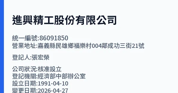 進興精工股份有限公司的照片-統編 86091850(嘉義縣) 公司登記資料與營業項目詳細圖表
