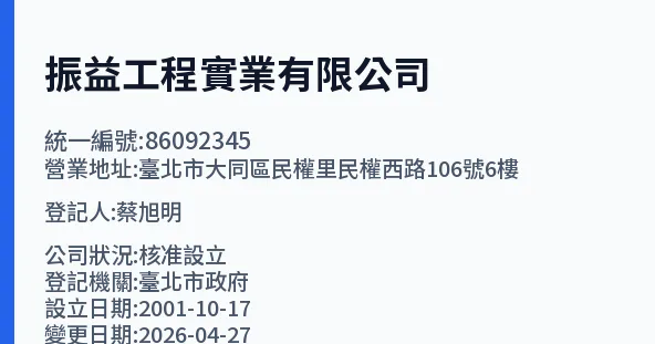 振益工程實業有限公司的照片-統編 86092345(臺北市) 公司登記資料與營業項目詳細圖表