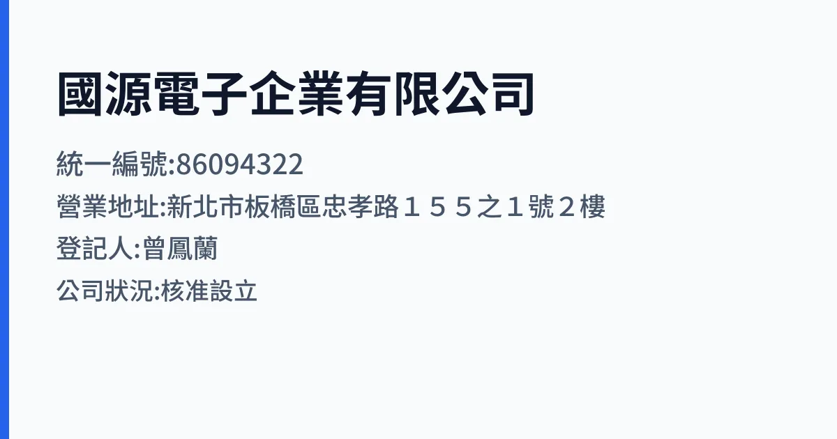 國源電子企業有限公司 - 統編 86094322(新北市) 公司登記資料與營業項目詳細圖表