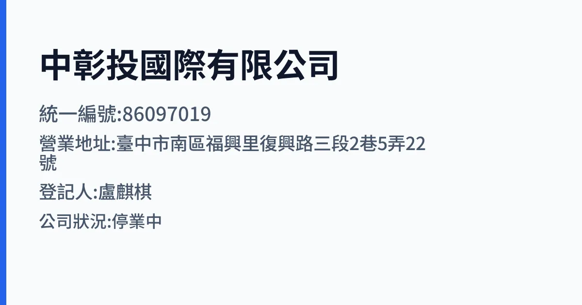 中彰投國際有限公司 - 統編 86097019(臺中市) 公司登記資料與營業項目詳細圖表