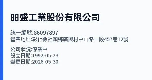 昍盛工業股份有限公司的照片-統編 86097897(彰化縣) 公司登記資料與營業項目詳細圖表