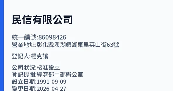 民信有限公司的照片-統編 86098426(彰化縣) 公司登記資料與營業項目詳細圖表