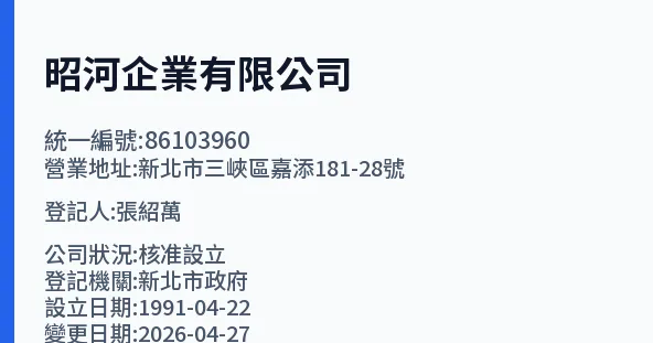 昭河企業有限公司的照片-統編 86103960(新北市) 公司登記資料與營業項目詳細圖表