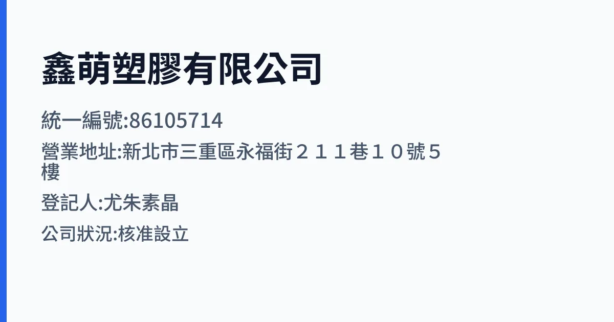 鑫萌塑膠有限公司 - 統編 86105714(新北市) 公司登記資料與營業項目詳細圖表