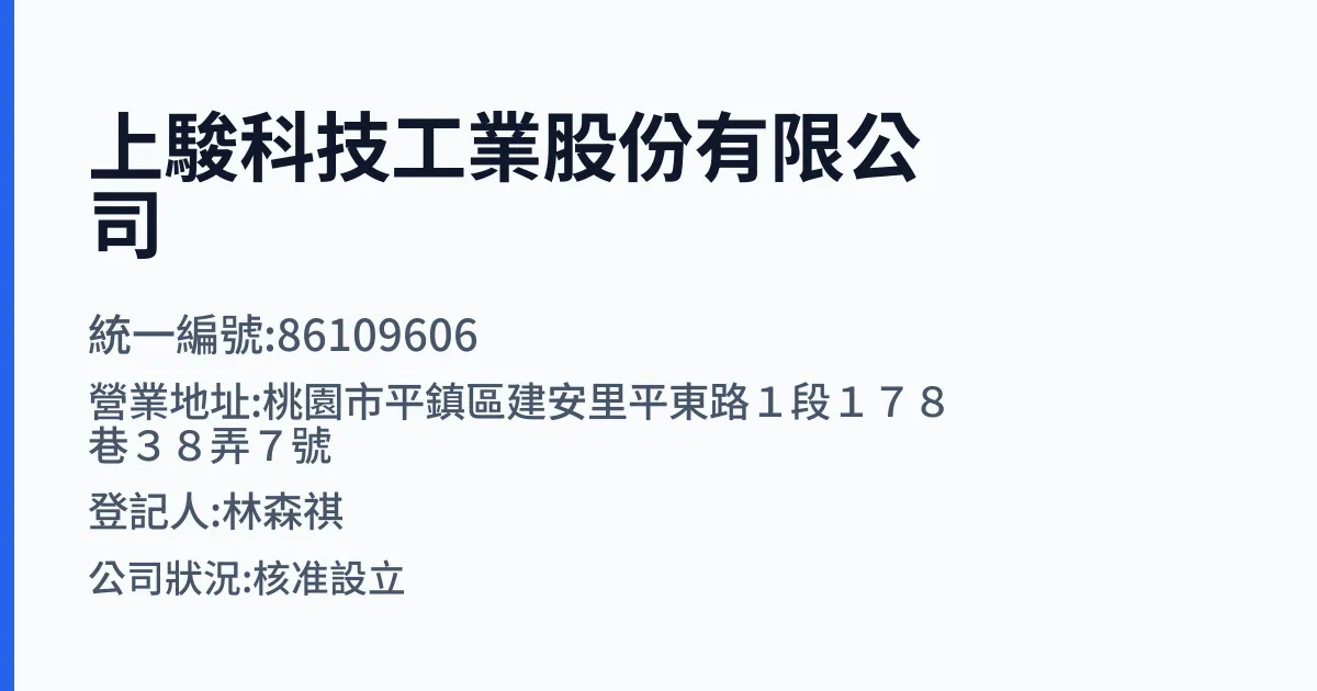 上駿科技工業股份有限公司 - 統編 86109606(桃園市) 公司登記資料與營業項目詳細圖表
