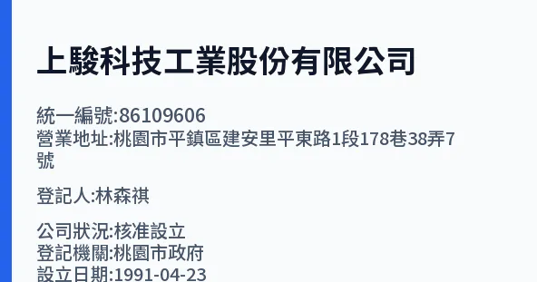 上駿科技工業股份有限公司的照片-統編 86109606(桃園市) 公司登記資料與營業項目詳細圖表