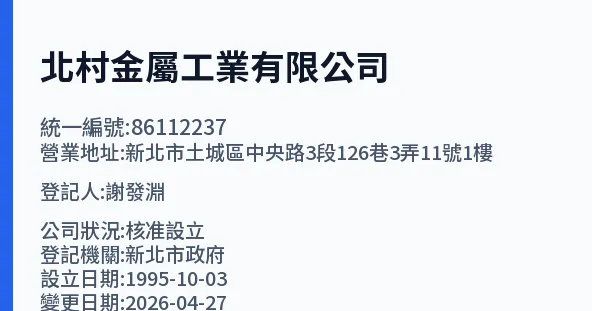 北村金屬工業有限公司的照片-統編 86112237(新北市) 公司登記資料與營業項目詳細圖表