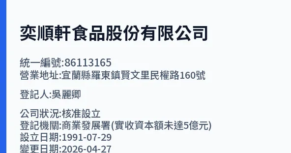 奕順軒食品股份有限公司的照片-統編 86113165(宜蘭縣) 公司登記資料與營業項目詳細圖表