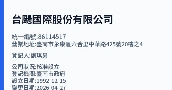 台颺國際股份有限公司的照片-統編 86114517(臺南市) 公司登記資料與營業項目詳細圖表