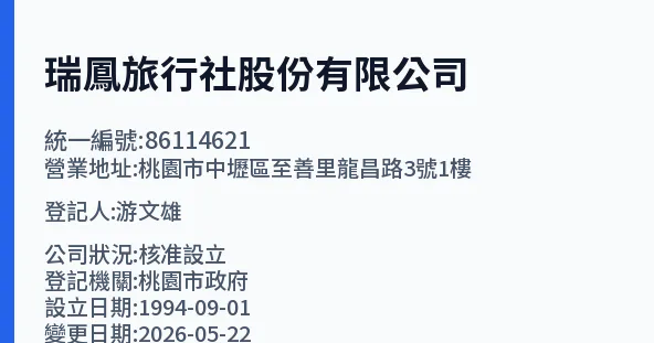 瑞鳳旅行社股份有限公司的照片-統編 86114621(桃園市) 公司登記資料與營業項目詳細圖表