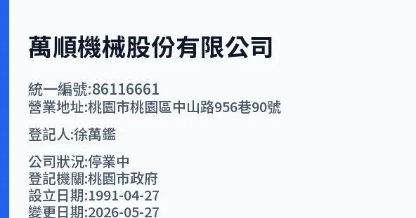 萬順機械股份有限公司的照片-統編 86116661(桃園市) 公司登記資料與營業項目詳細圖表