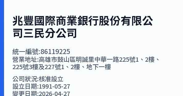 兆豐國際商業銀行股份有限公司三民分公司的照片-統編 86119225(高雄市) 公司登記資料與營業項目詳細圖表