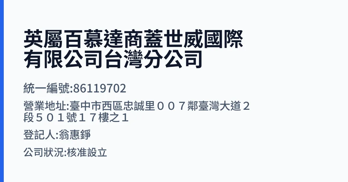 英屬百慕達商蓋世威國際有限公司台灣分公司 - 統編 86119702(臺中市) 公司登記資料與營業項目詳細圖表